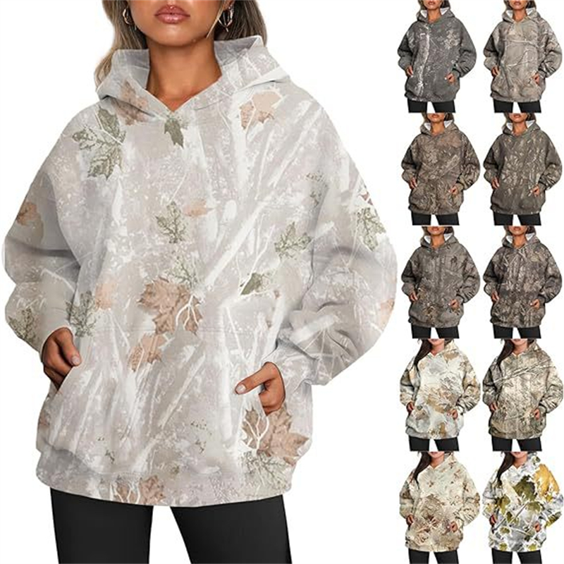 Womens Camouflage Hoodie Maple Leaf Print Oversized Sports Hoodie