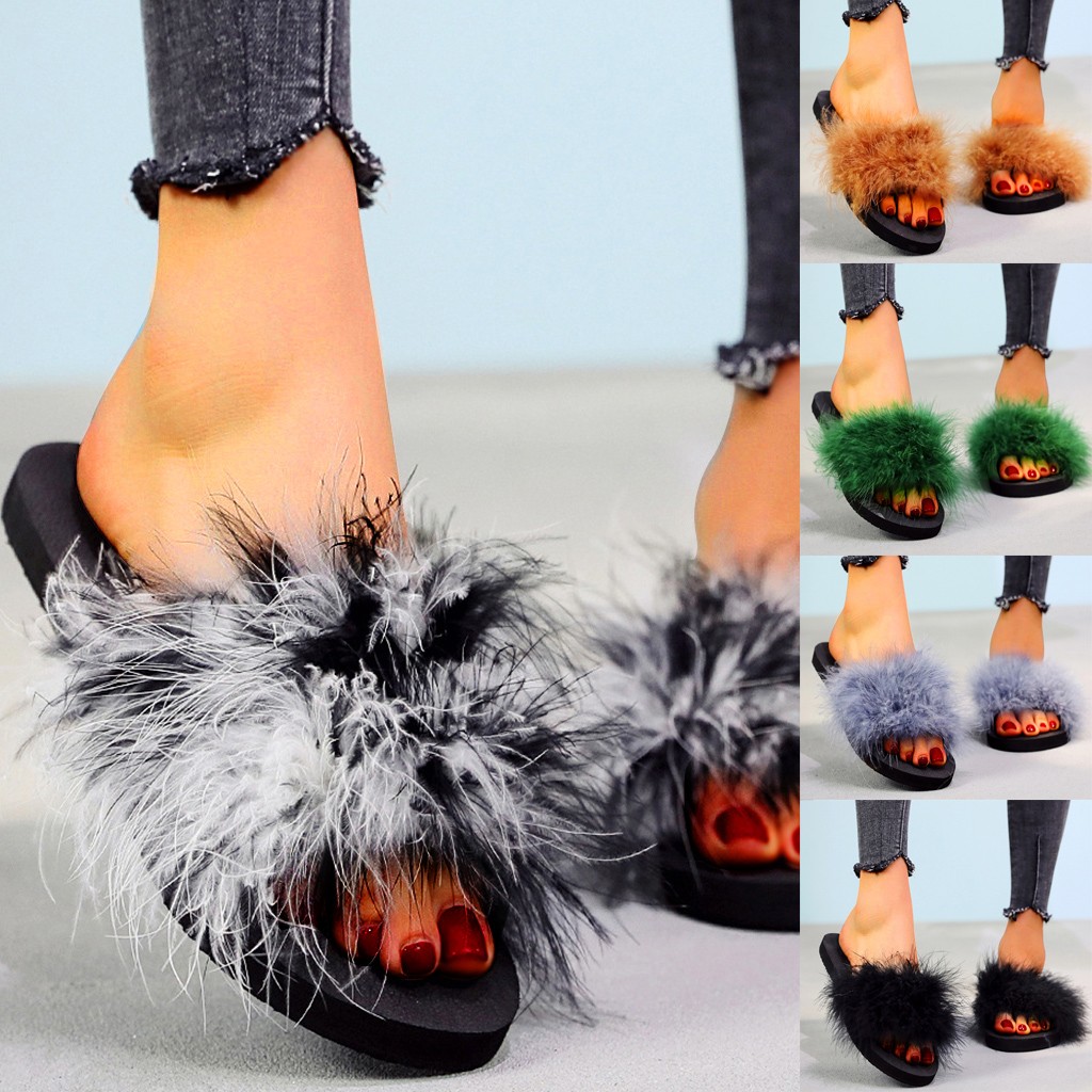 Ostrich wool flat slippers - CJdropshipping
