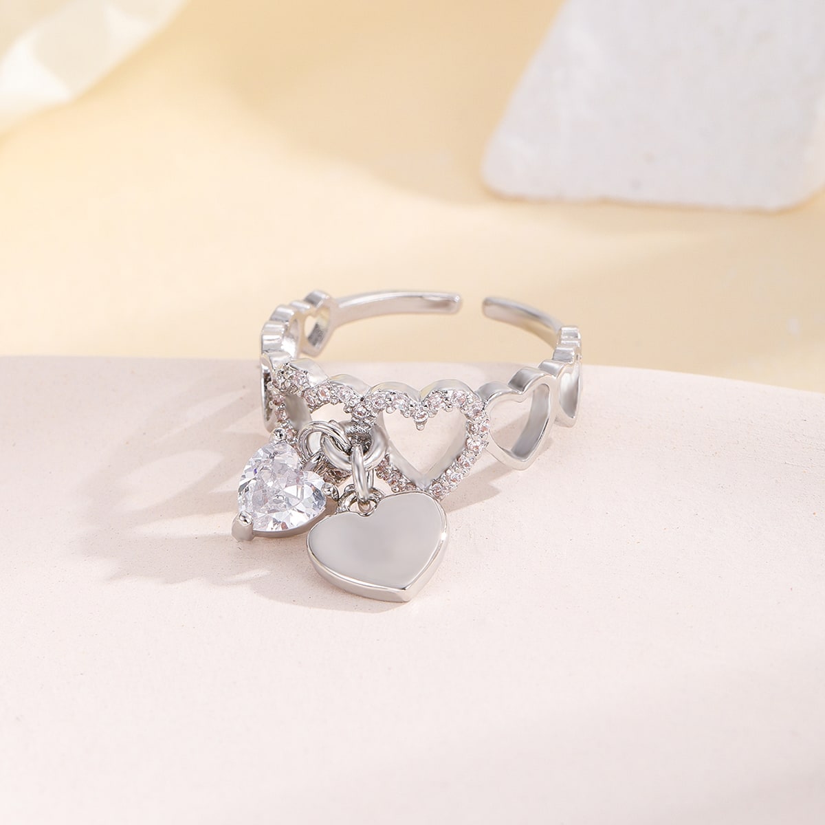 Openwork Microset Silver Heart Ring Adjustable - CJdropshipping