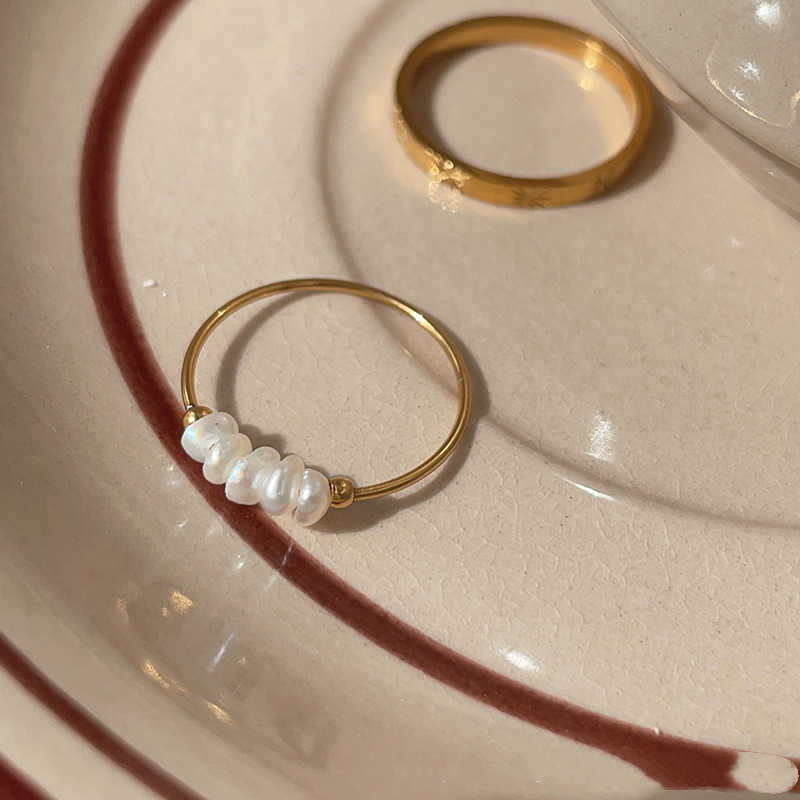 French Natural Baroque Small Pearl Thin Titanium Steel Ring ...