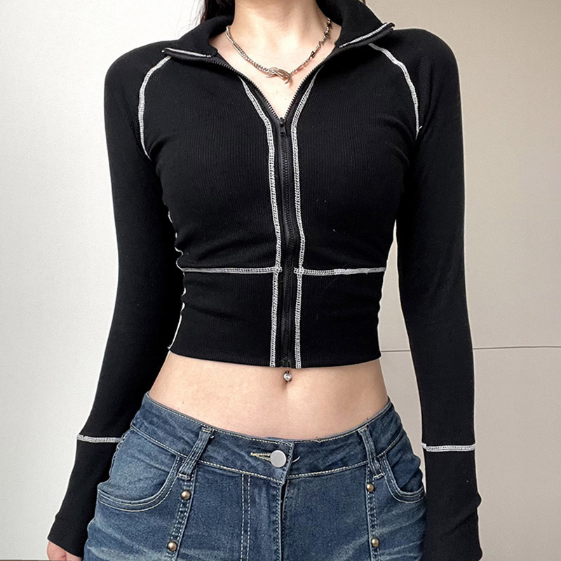 Women's Fashion Casual Contrast Color Zipper Tight Long Sleeve ...