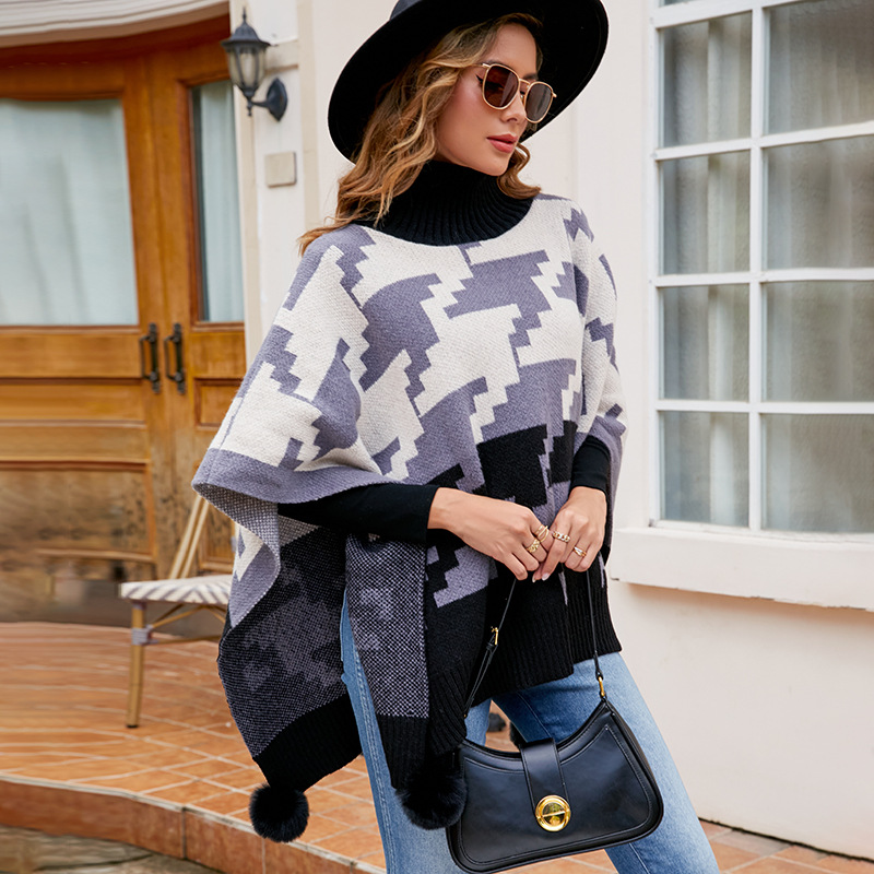 Contrast Color Turtleneck Fur Ball Warm Foreign Trade Fashion Shawl ...