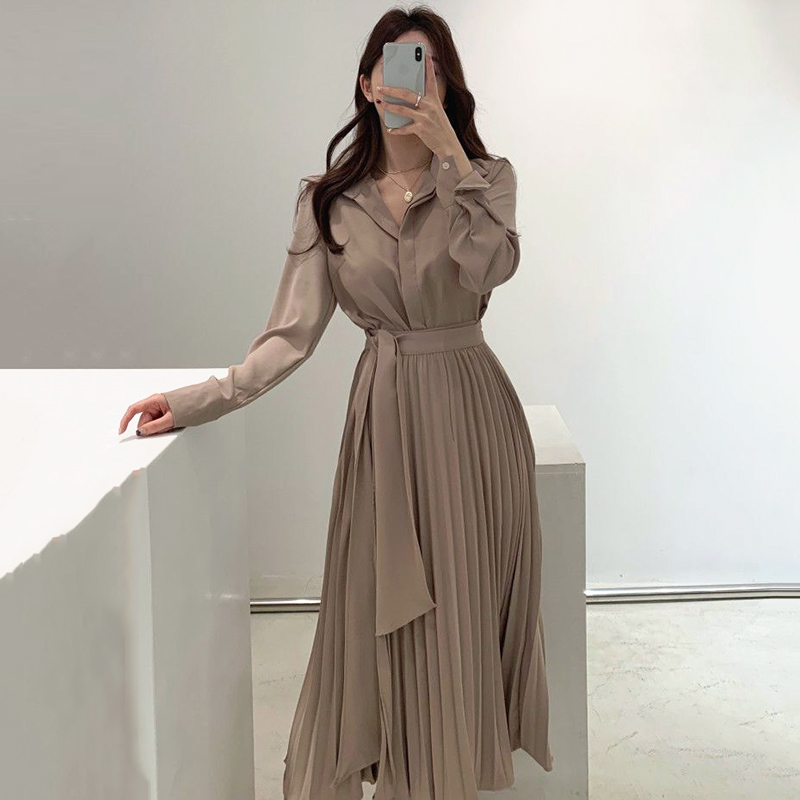 Women's Stitching One Piece Tie Waist Long Sleeve Pleated Dress ...