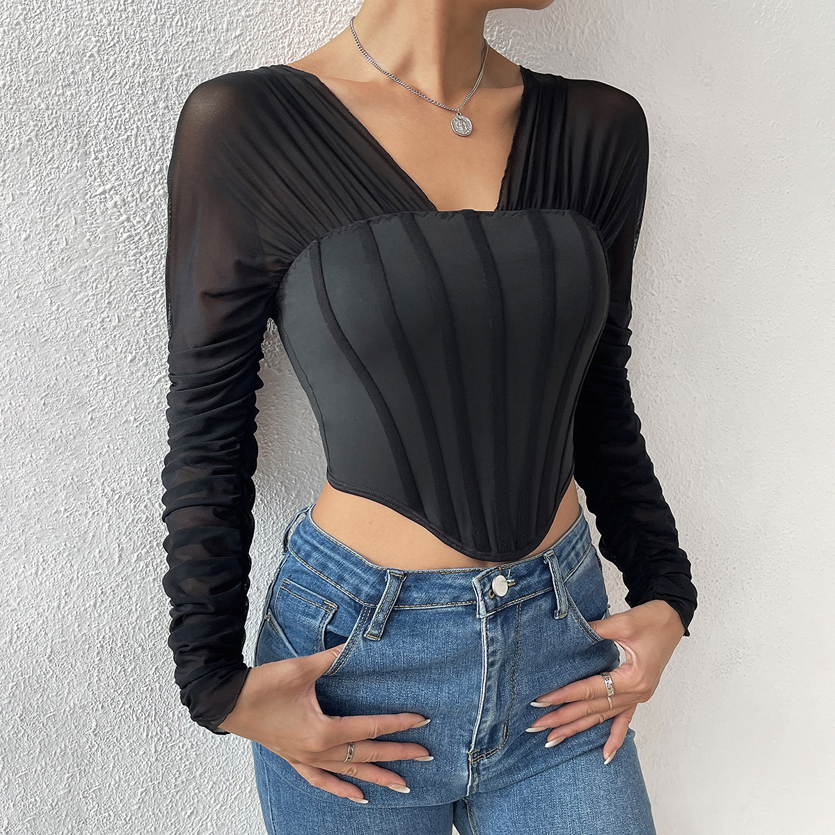Mesh Pleated Fishbone Diamond Two-piece Pile Sleeve Top - CJdropshipping