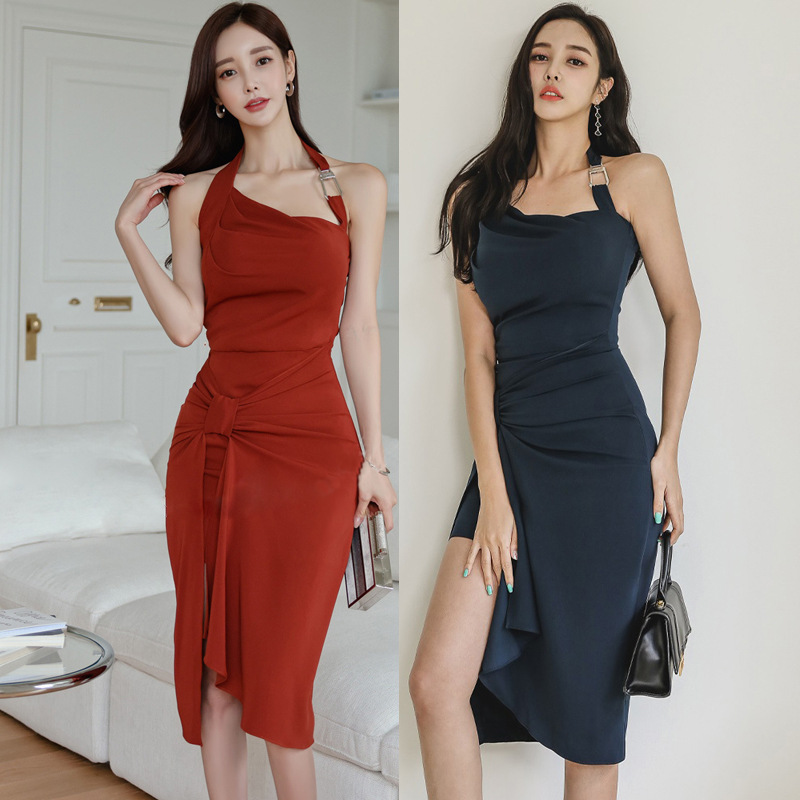 Irregular Dress With Halter Neck And Slanted Neck Design - CJdropshipping