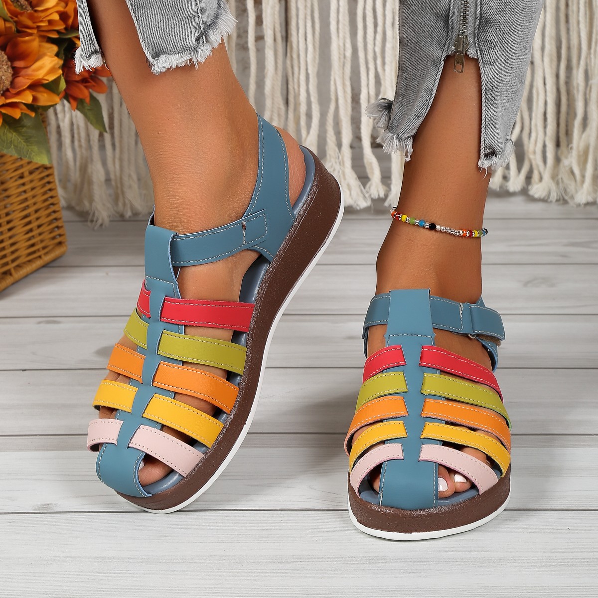 Round Toe Wedge Buckle Color Matching Women's Sandals - CJdropshipping