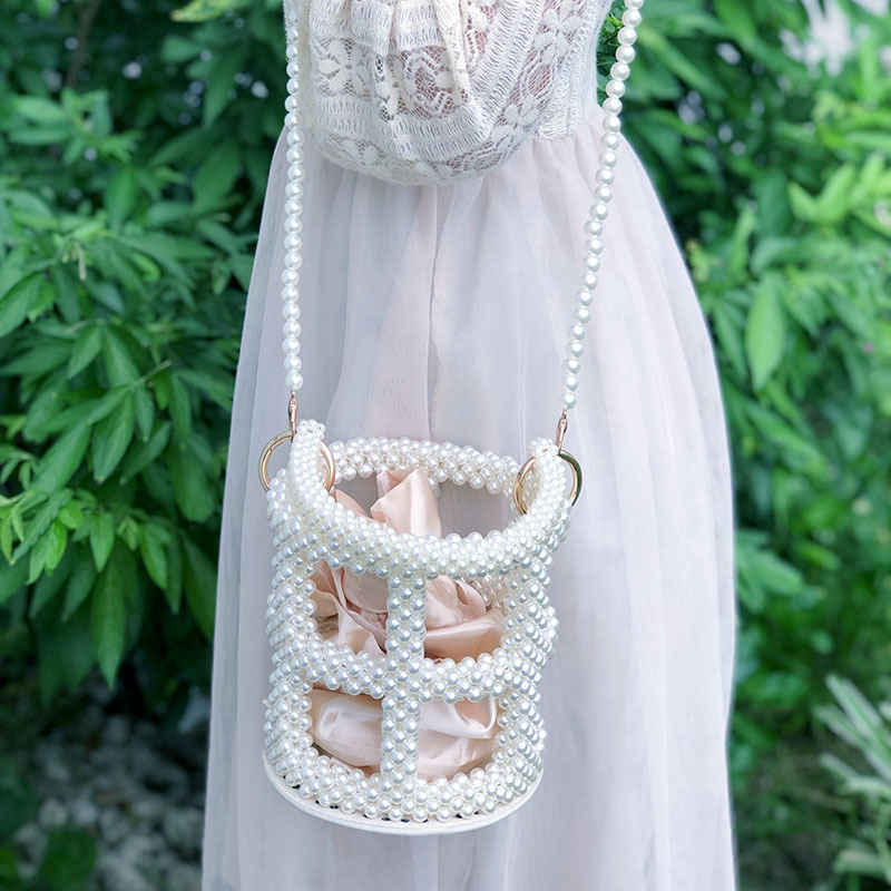 Beaded Hollow Round Women's Handbag Imitation Pearl Bucket Bag ...