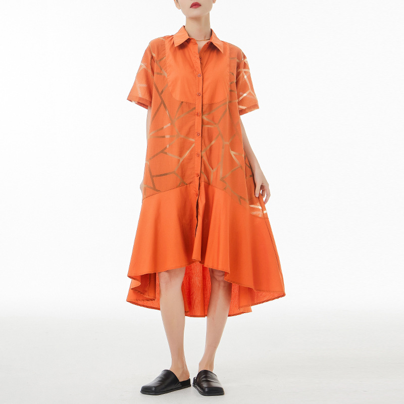 French Retro See-through Geometric Pattern Shirt Dress - CJdropshipping