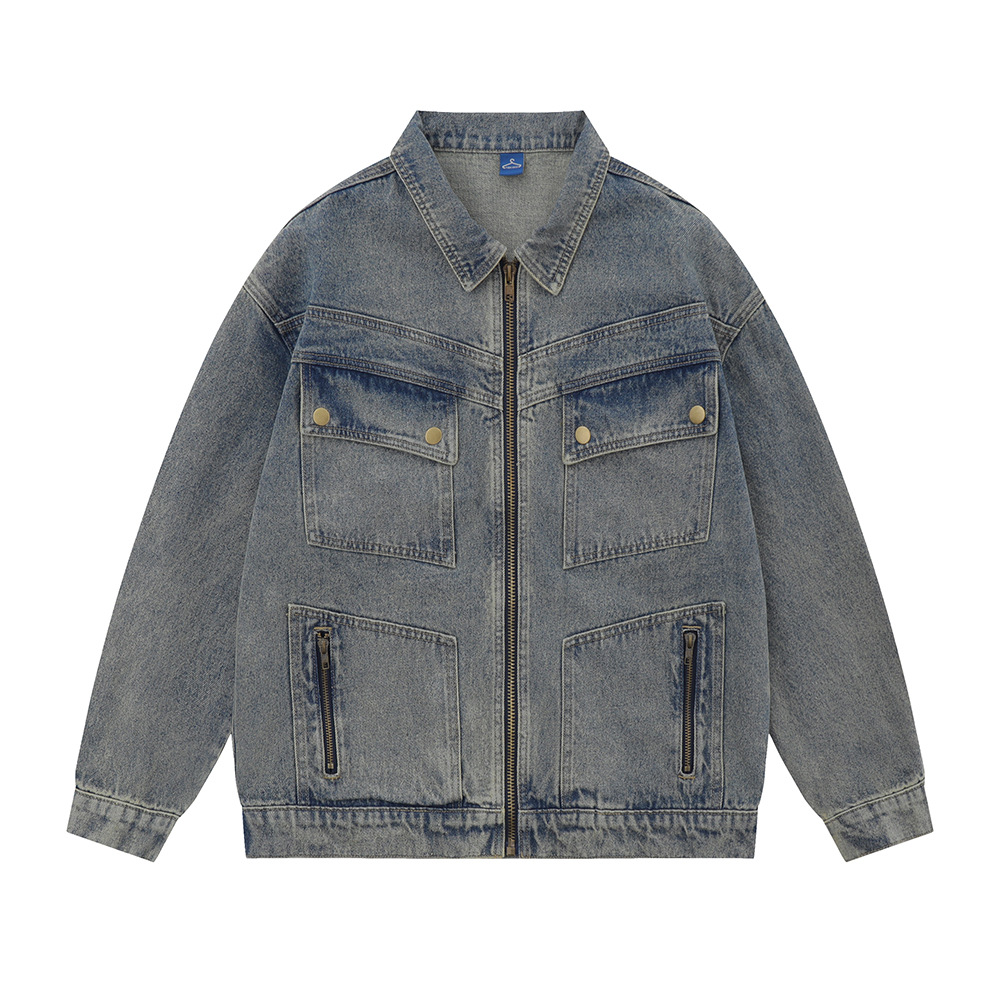 Retro Workwear Pocket Zipper Denim Clothes Jacket Spring And Autumn ...