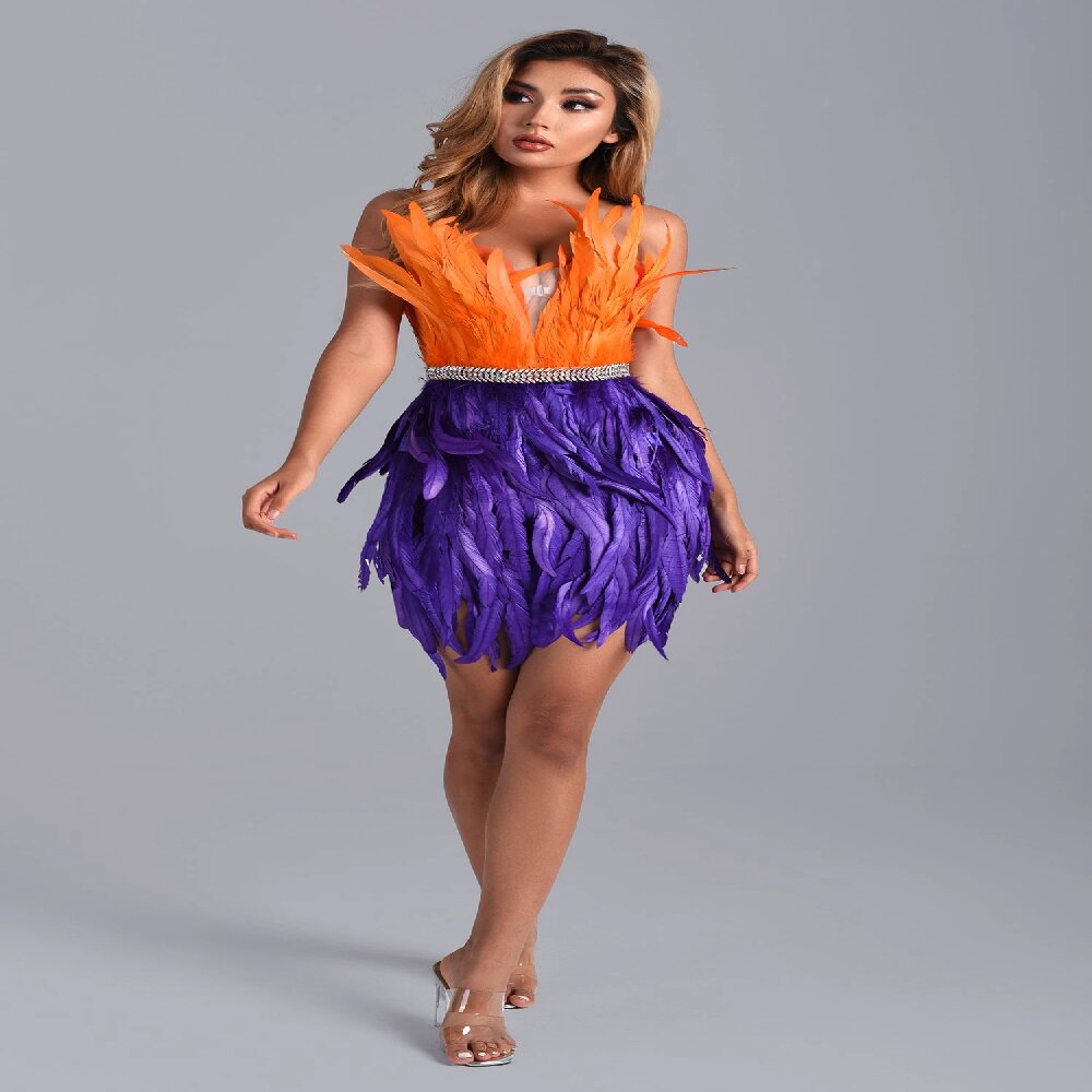 Feather Contrast Color Mesh Diamond Sheath Dress - CJdropshipping