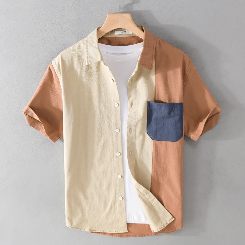 Patchwork Contrast Color Pocket Short Sleeve Shirt - CJdropshipping