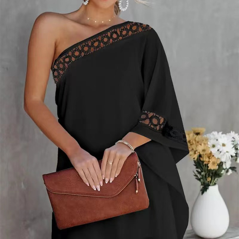 Half Off-shoulder Lace Trim Solid Color Dress - CJdropshipping